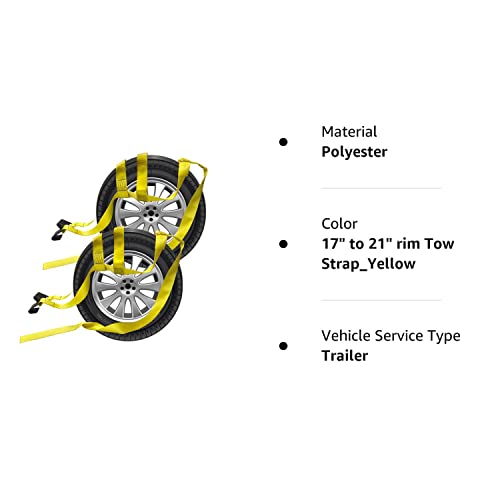 Bang4buck 2 Pieces Tow Dolly Straps, Universal Adjustable Tie Down Tow Straps 15" to 20" Rim Size Fits for Demco Kar Kaddy Dollys with 2 Flat Hooks (5" to 20" Rim Tow Strap_Yellow)