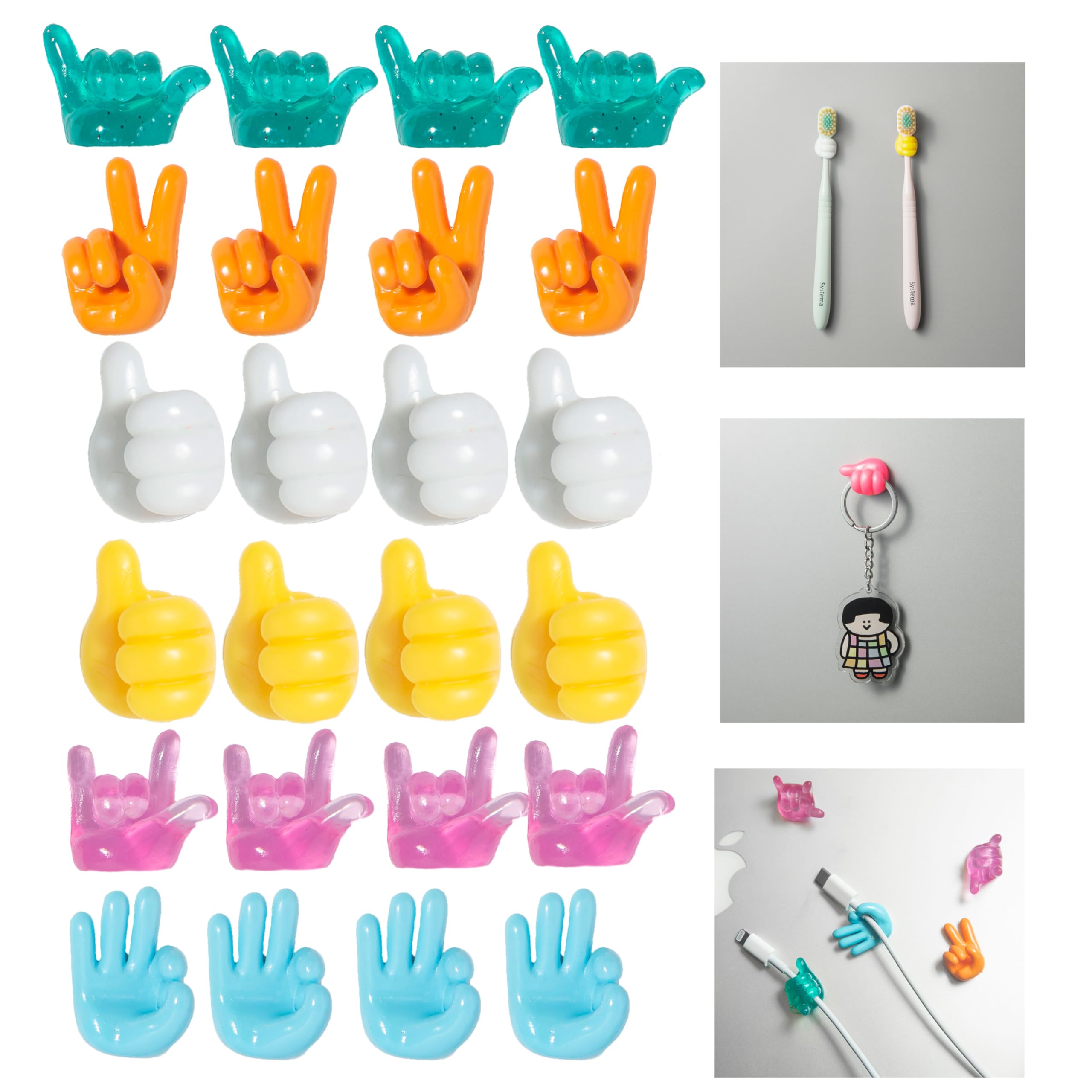 24Pcs Self Adhesive Silicone Thumb Hooks, Multifunctional Cable Clips, Hand Shaped Cord Holders, Cord Organizer for Desk Wall, Wire Holders, Phone USB Charger Cable Management (24 Pcs, 6 Color)
