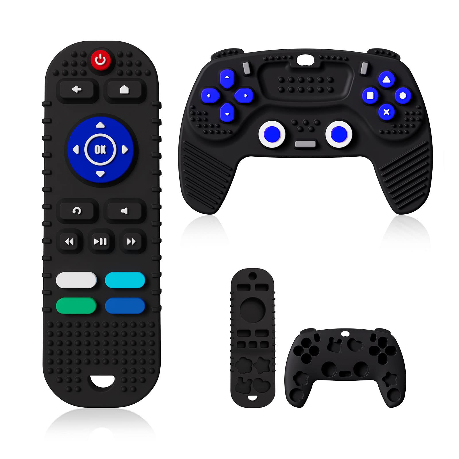 2-Pack Silicone Remote Control Game Pad Baby Teether Toys, Teething Toys for Toddler, Chew Toy for Baby 6-12 Months, Sensory Press Toy (Black + Black)