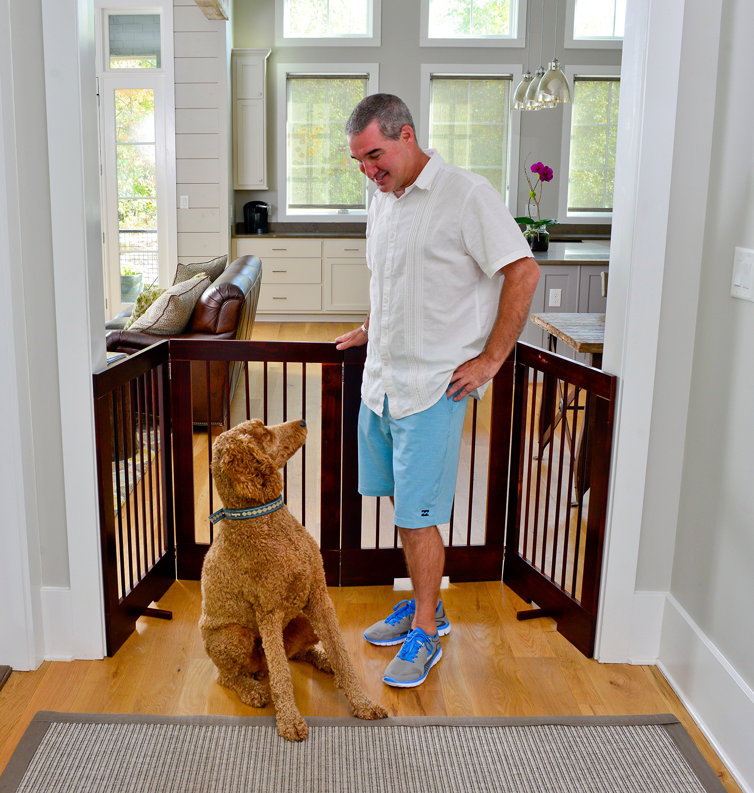 Cardinal Gates 4PG 4-Panel Freestanding Pet Gate - Adjustable Wooden Dog Gate - Indoor Cat Gate for Doorway - 36 Inches Tall x 76 Inches Wide - Walnut