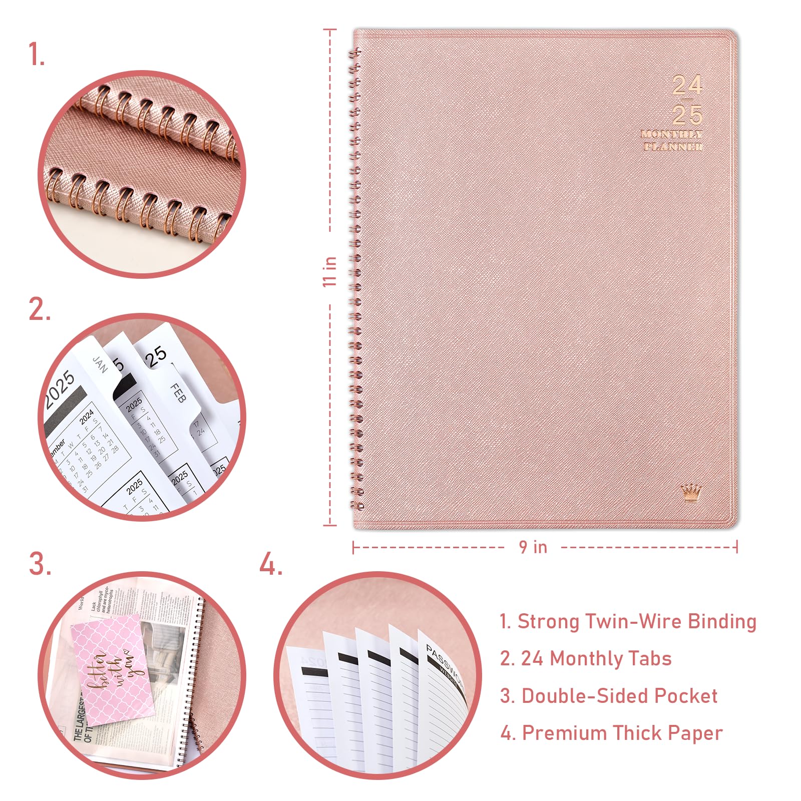 2024-2025 Monthly Planner - Monthly Calendar/Planner 2024-2025, JUL. 2024 - DEC. 2025, 9'' x 11'', 18 Monthly Planner Spiral Bound with Soft Leather Cover, 15 Note Pages, Monthly Tab, Inner Pocket