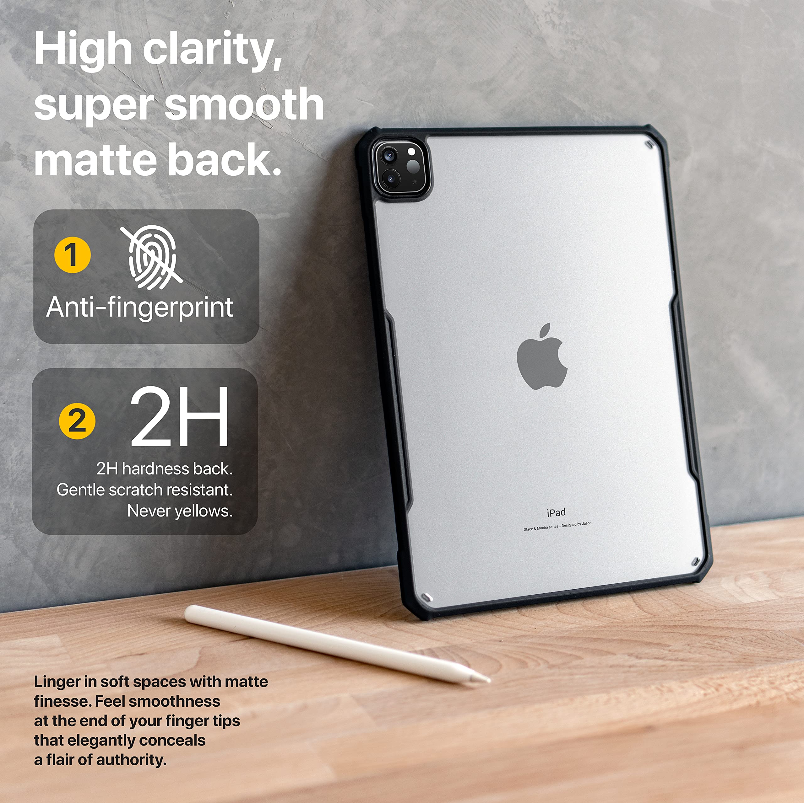 TineeOwl iPad Pro 12.9 inch Case 2022, 2021, 2020, 2018 (6th, 5th, 4th & 3rd Generation) Ultra Thin Matte Clear, Supports Apple Pencil Wireless Charging, Absorbs Shock (Black/Matte Back)