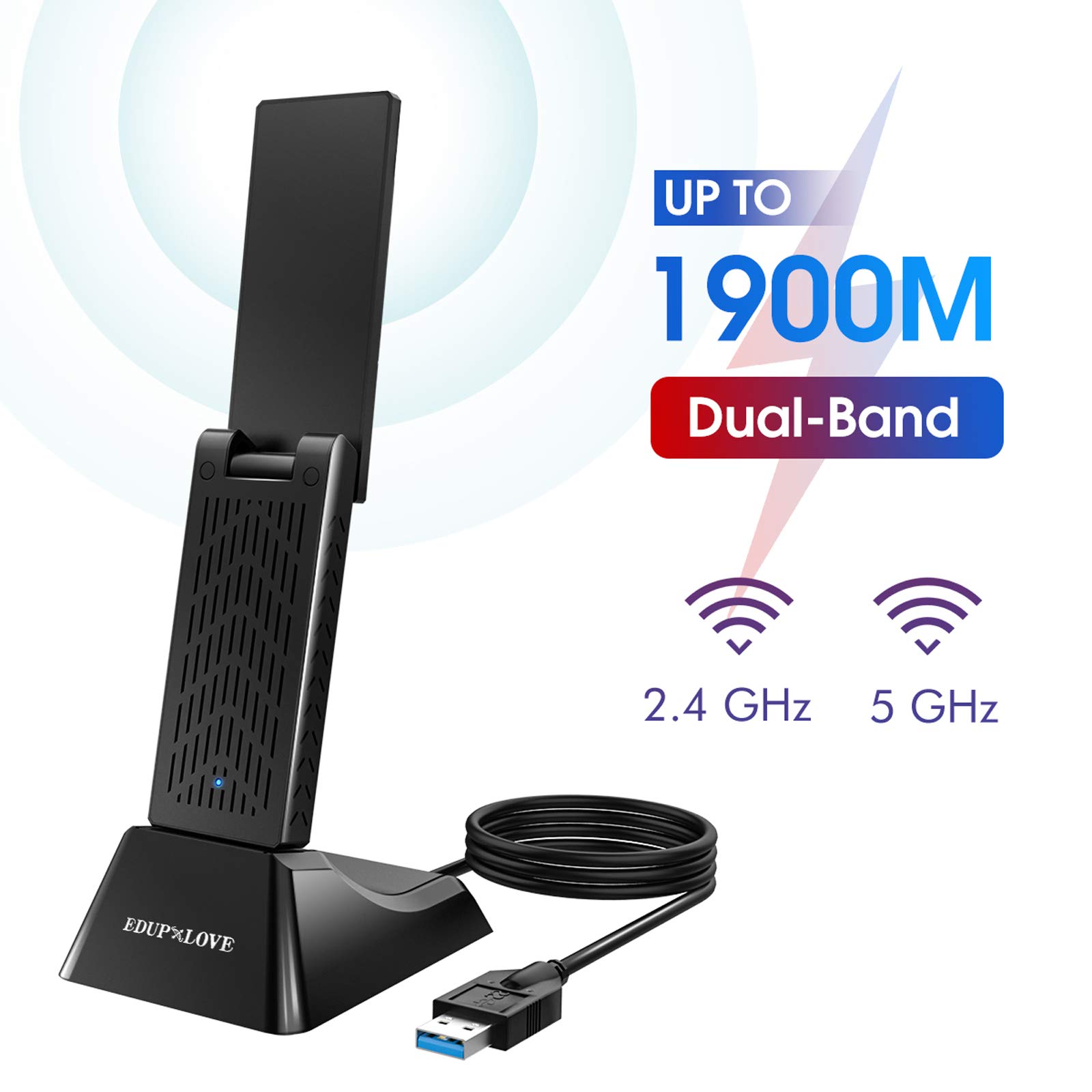 EDUP LOVE USB 3.0 WiFi Adapter AC1900Mbps 5.8Ghz/2.4Ghz 6dBi Antennas Wireless Network Adapter Wi-Fi Dongle for Laptop Desktop PC Supports Windows 10/7/8/8.1/XP Mac OS X 10.6-10.15.4