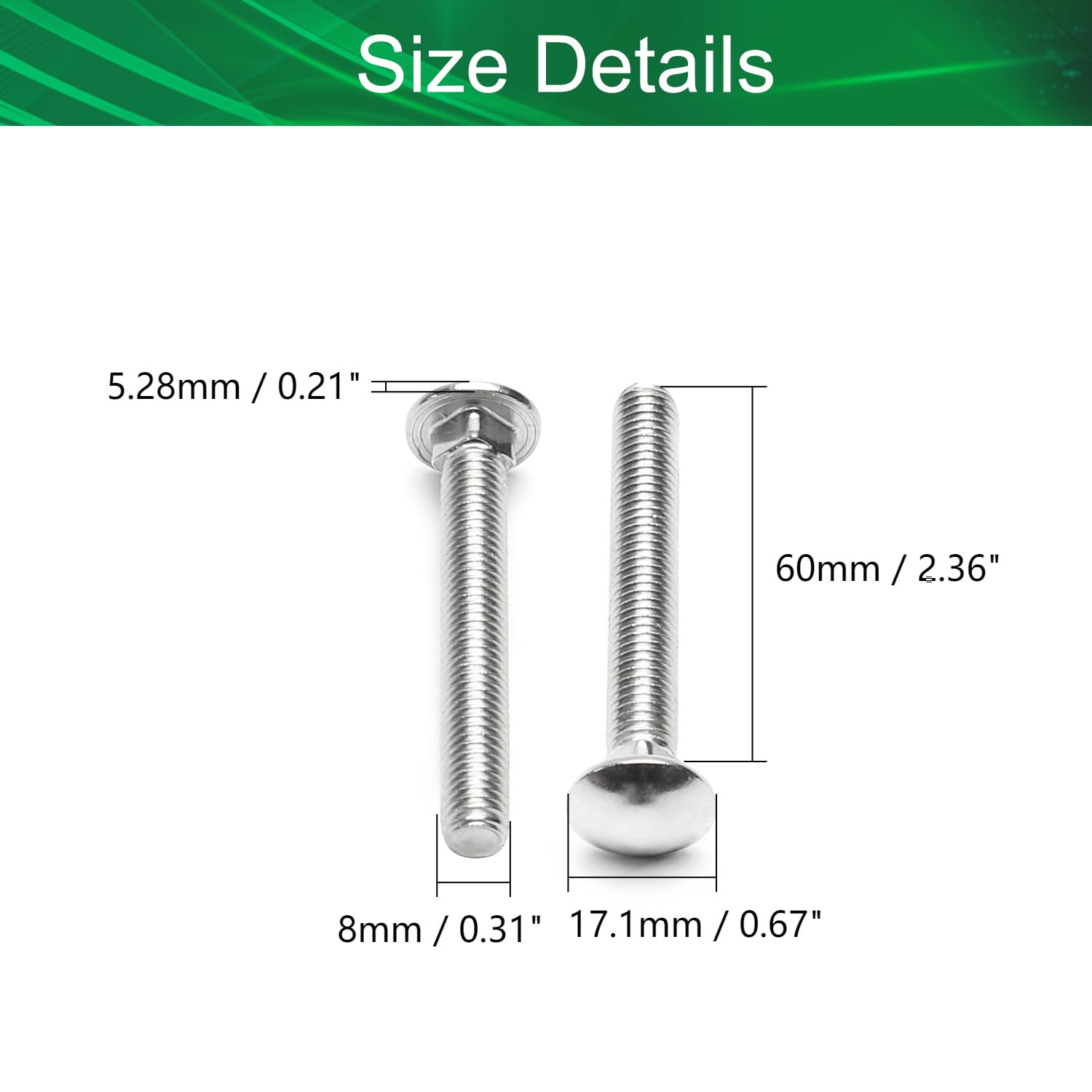 Yinpecly 8Pcs M8×60mm 1.25mm Pitch Length 304 Stainless Steel Round Domed Head Square Neck Carriage Bolts Silver Tone