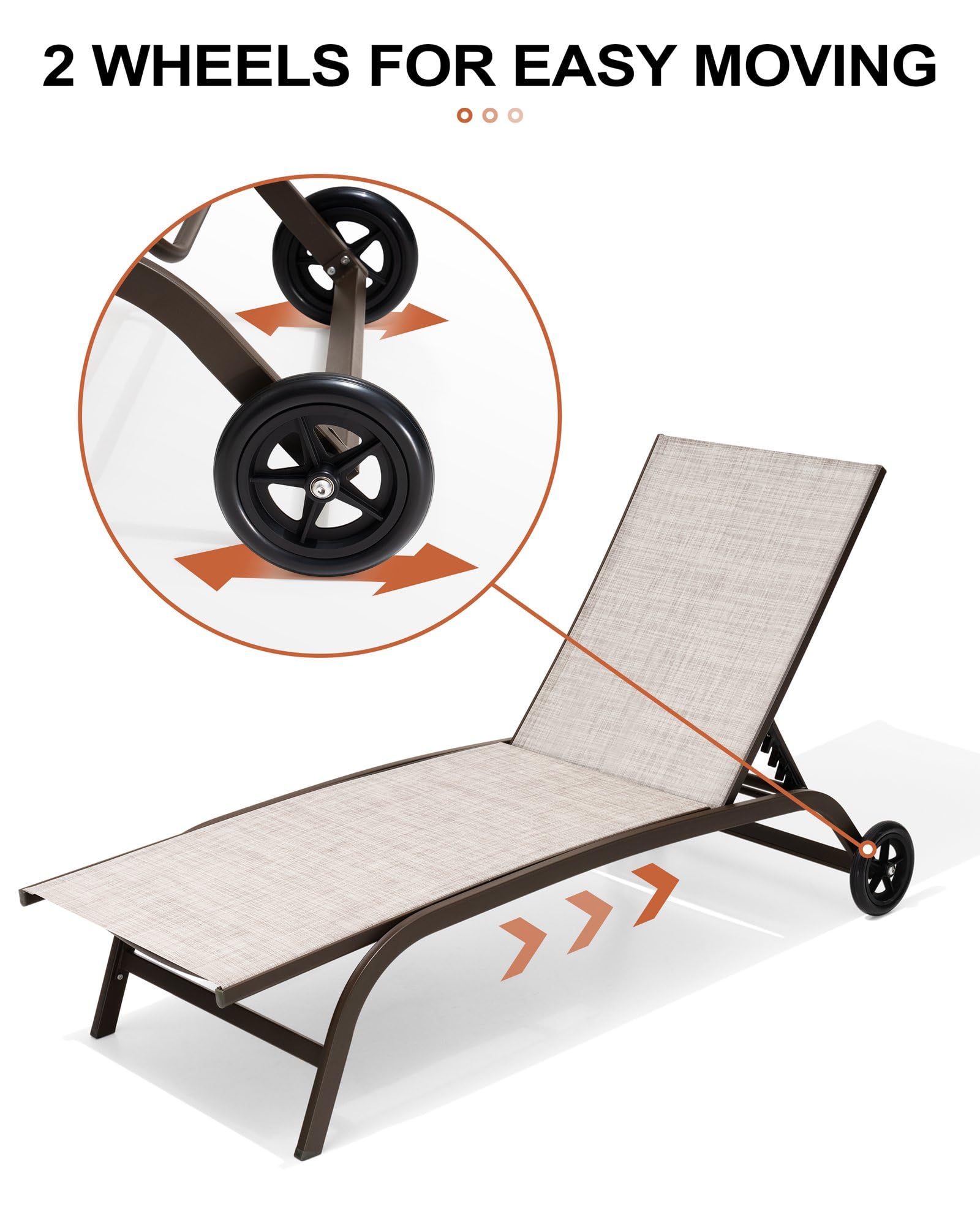 Crestlive Products Aluminum Chaise Lounge Chairs with Wheels Outdoor Adjustable Recliner Five-Position and Full Flat All Weather for Patio, Beach, Yard, Pool (2PCS Beige)
