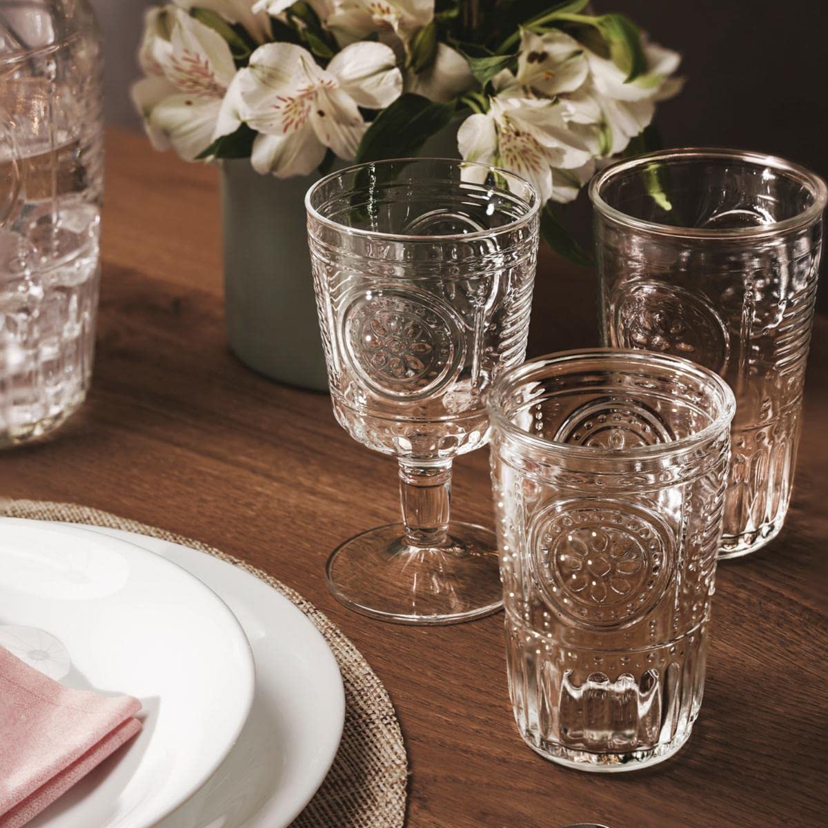 Bormioli Rocco Romantic Set Of 6 Cooler Glasses, 16 Oz. Clear Crystal Glass, Made In Italy.