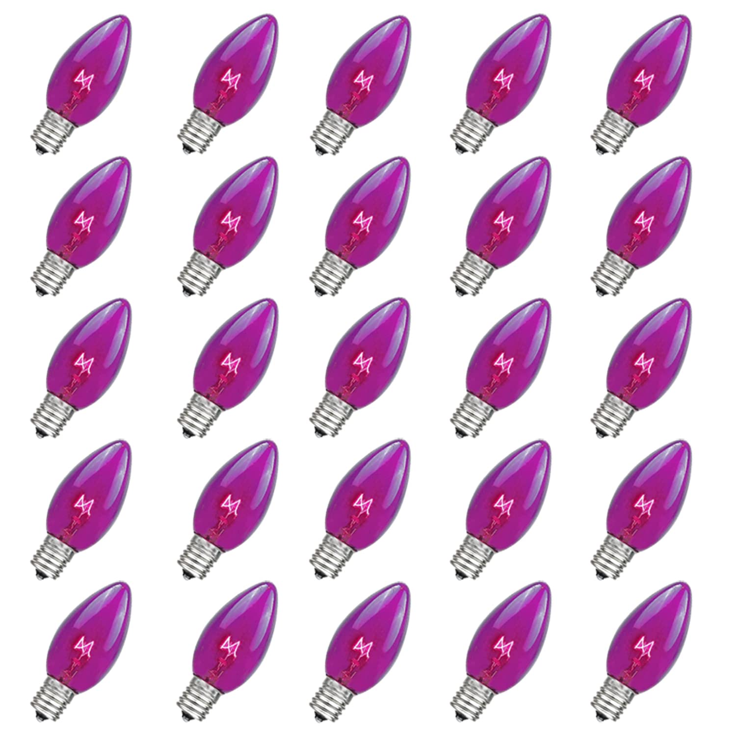 25 Pack Purple Christmas Replacement Bulbs C7 Glass Replacement Bulbs for Outdoor String Light, Patio Lights, C7/E12 Candelabra Base 5 Watt Great for Night Lights and Christmas Bulbs