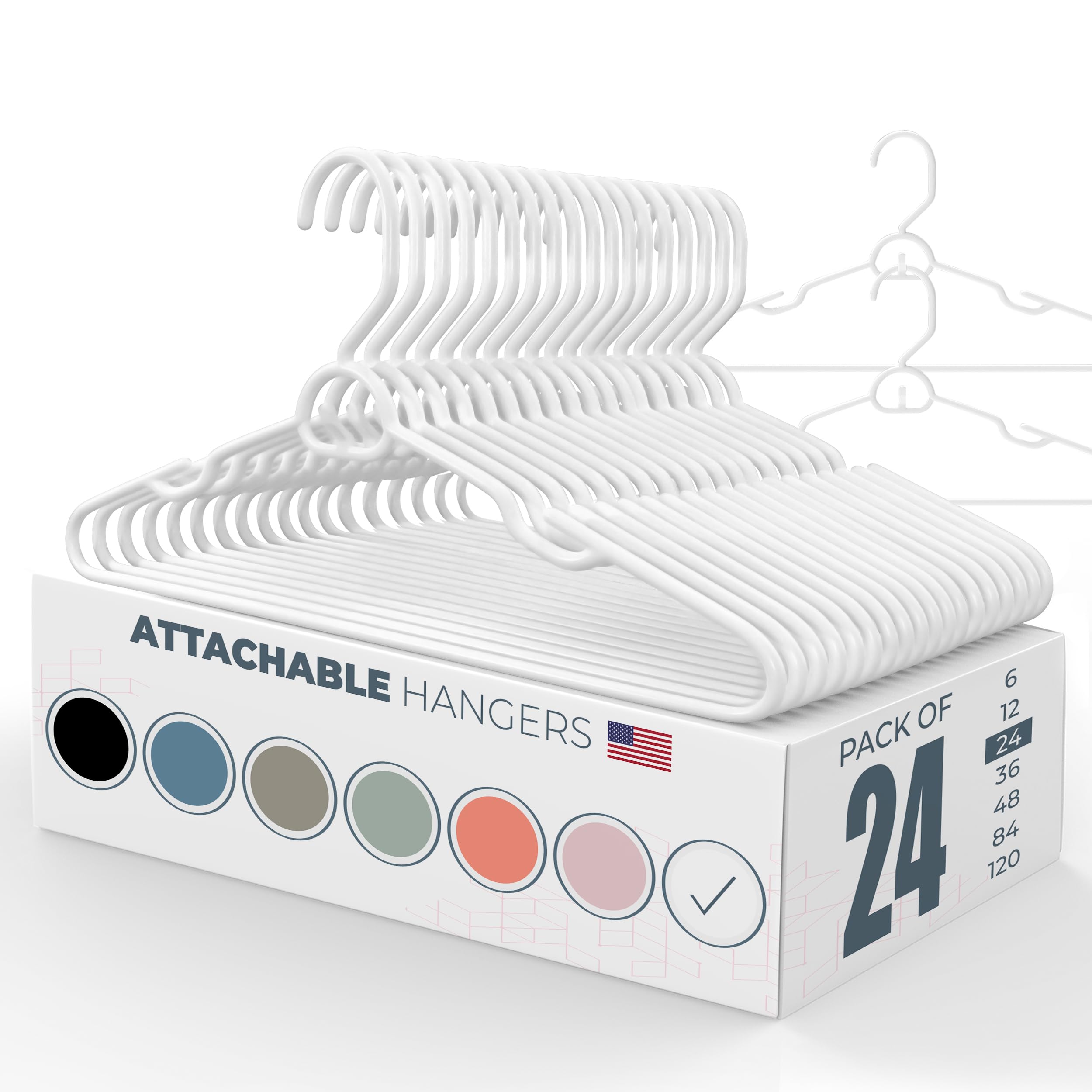 24pk Attachable Clothes Hangers - Heavy Duty Plastic Hangers for Closet Organization, Space Saving Hangers for Pants, Shirts, and Coats - Space Saver Hangers, Closet Space Triangles - Made in USA