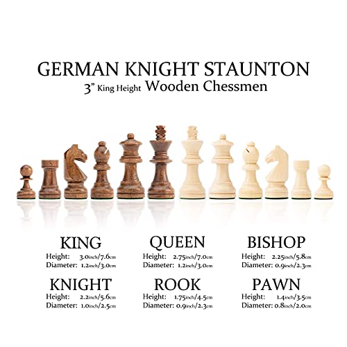 A&A Wooden Weighted Chess Pieces/German Knight Staunton Style / 2 Extra Queens/King Height 3“（7.5cm）