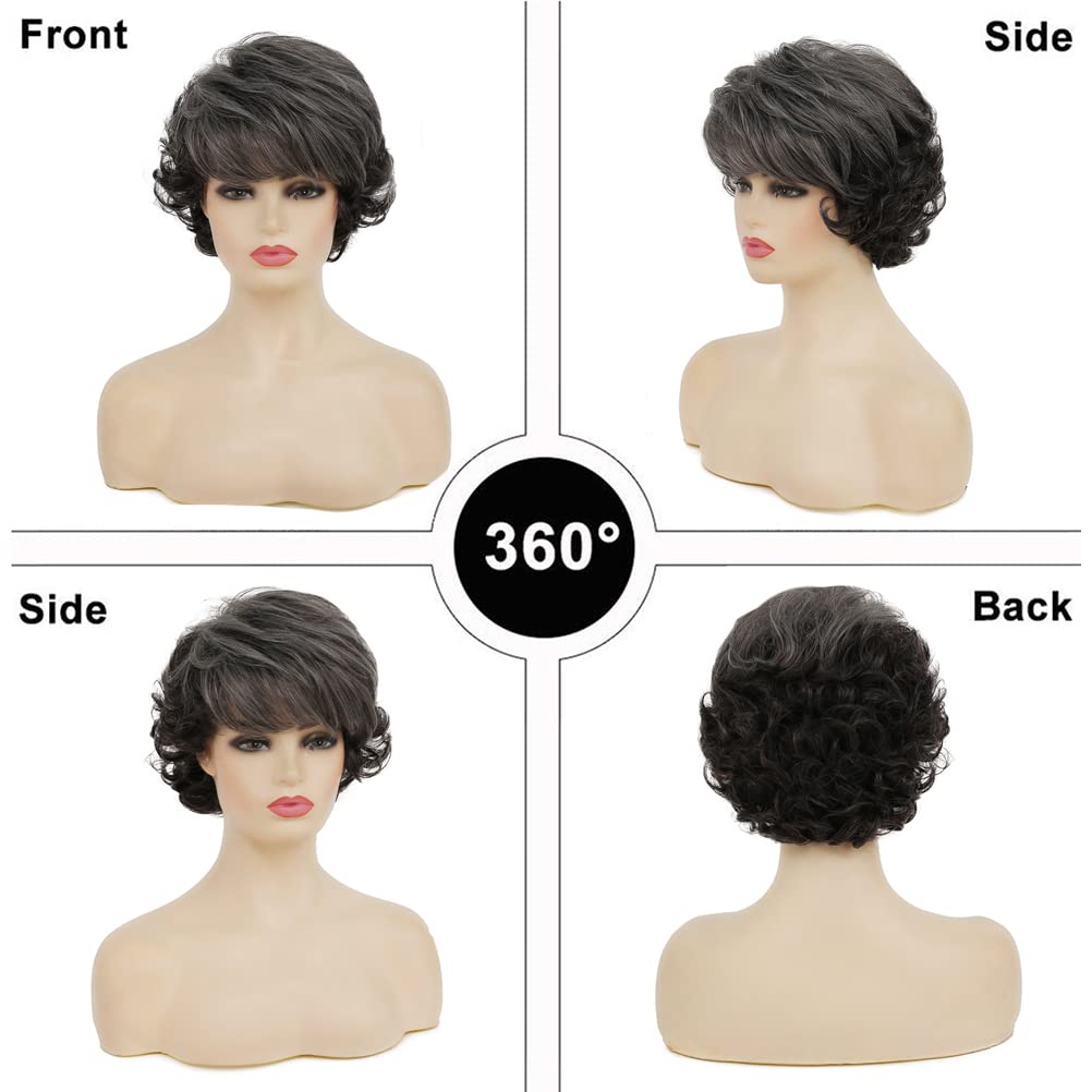 Sallcks Short Curly Grey Wigs for Women Soft Synthetic Heat Resistant Hair Replacement Full Wigs for Daily Party Use (Ombre Grey)
