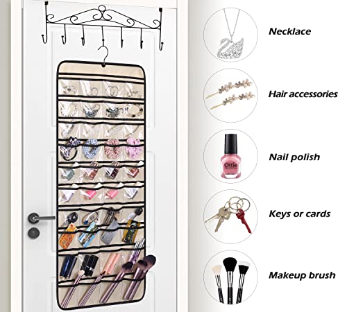 MISSLO Dual-sided Hanging Jewelry Organizer with 40 Pockets and 20 Hook & Loops Closet Necklace Holder for Earring Bracelet Ring Chain with Rotating Hanger, Beige