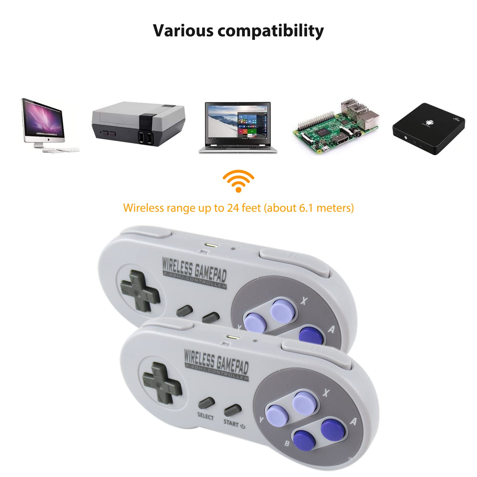 2 Pack Wireless Controller for SNES Classic Edition(Mini)/ for NES Classic Edition, Gamepad with USB Wireless Receiver Compatible for Switch, Windows, iOS, Liunx, Android Device