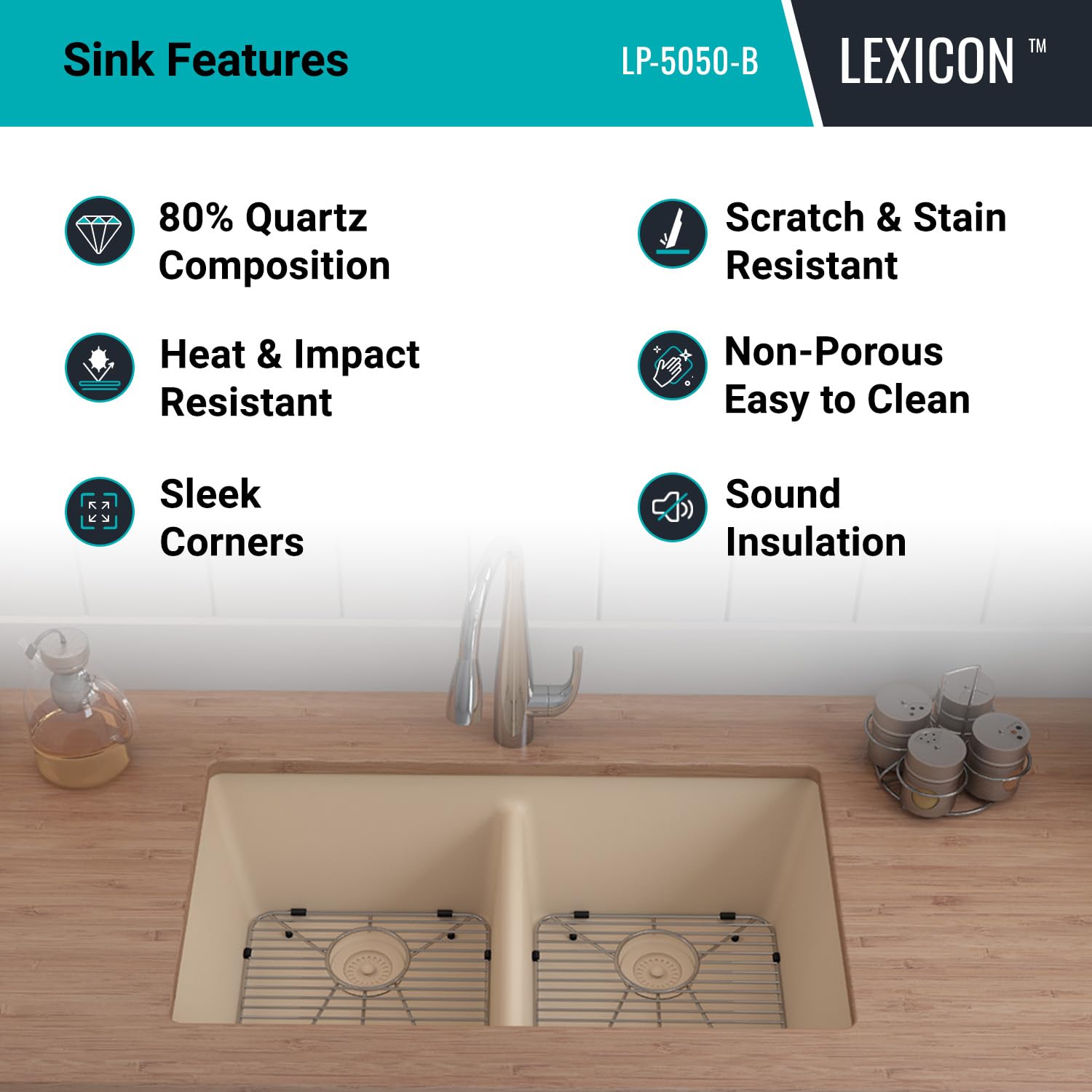 32" x 19" Quartz Kitchen Sink, 50/50 Double Bowl Kitchen Sinks, Drop-in Sink, Undermount Sink, Galaxy Beige Kitchen Sink, Double Sink Kitchen, Grids, Strainer and Flange, Lexicon Platinum LP-5050-B