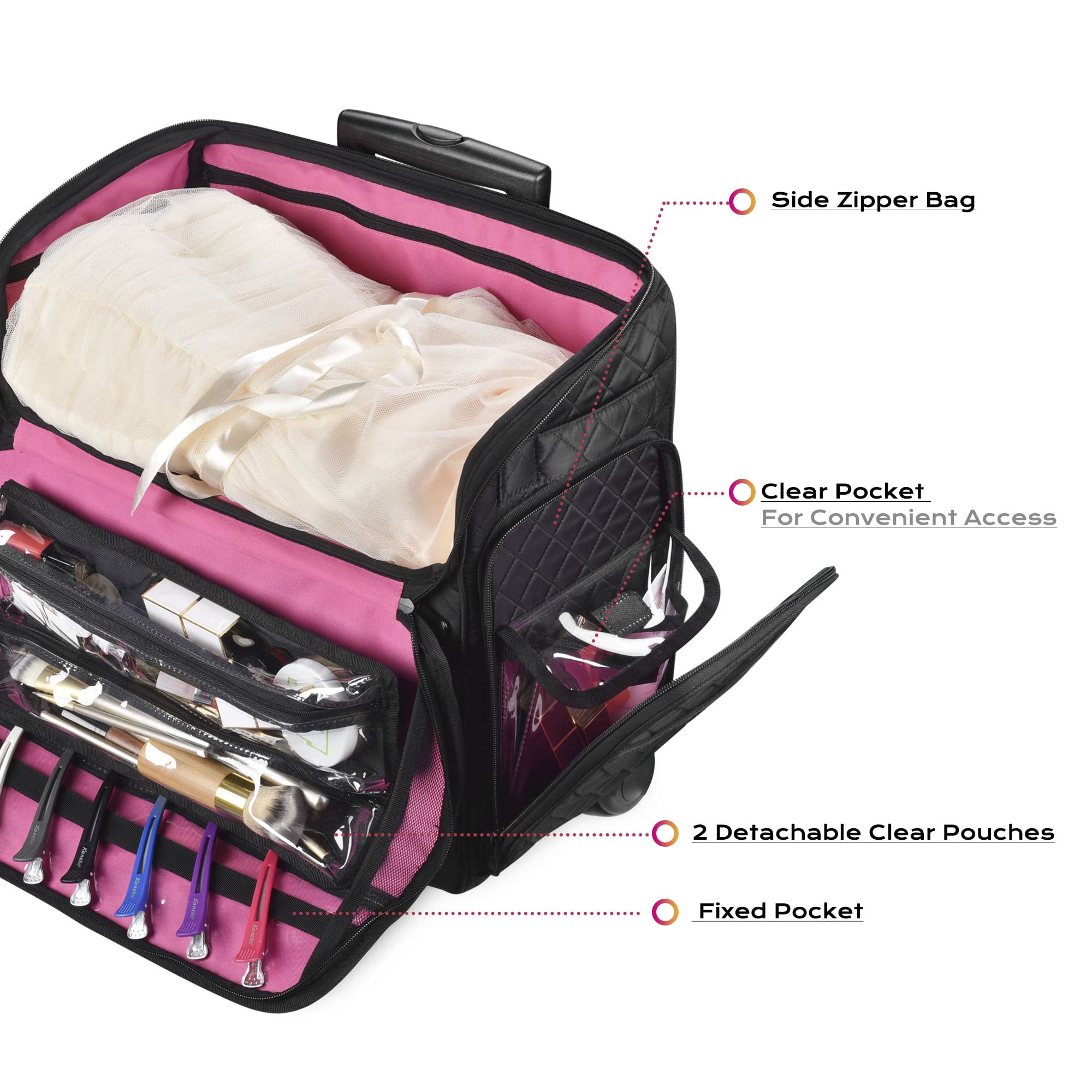 BYOOTIQUE Rolling Makeup Train Case Hairstylist Traveling Bag Carry On Barber Case Suitcase with Adjustable Dividers Cosmetic Bag with wheels for Hairdressing Tool Organizer Makeup Salon Nail
