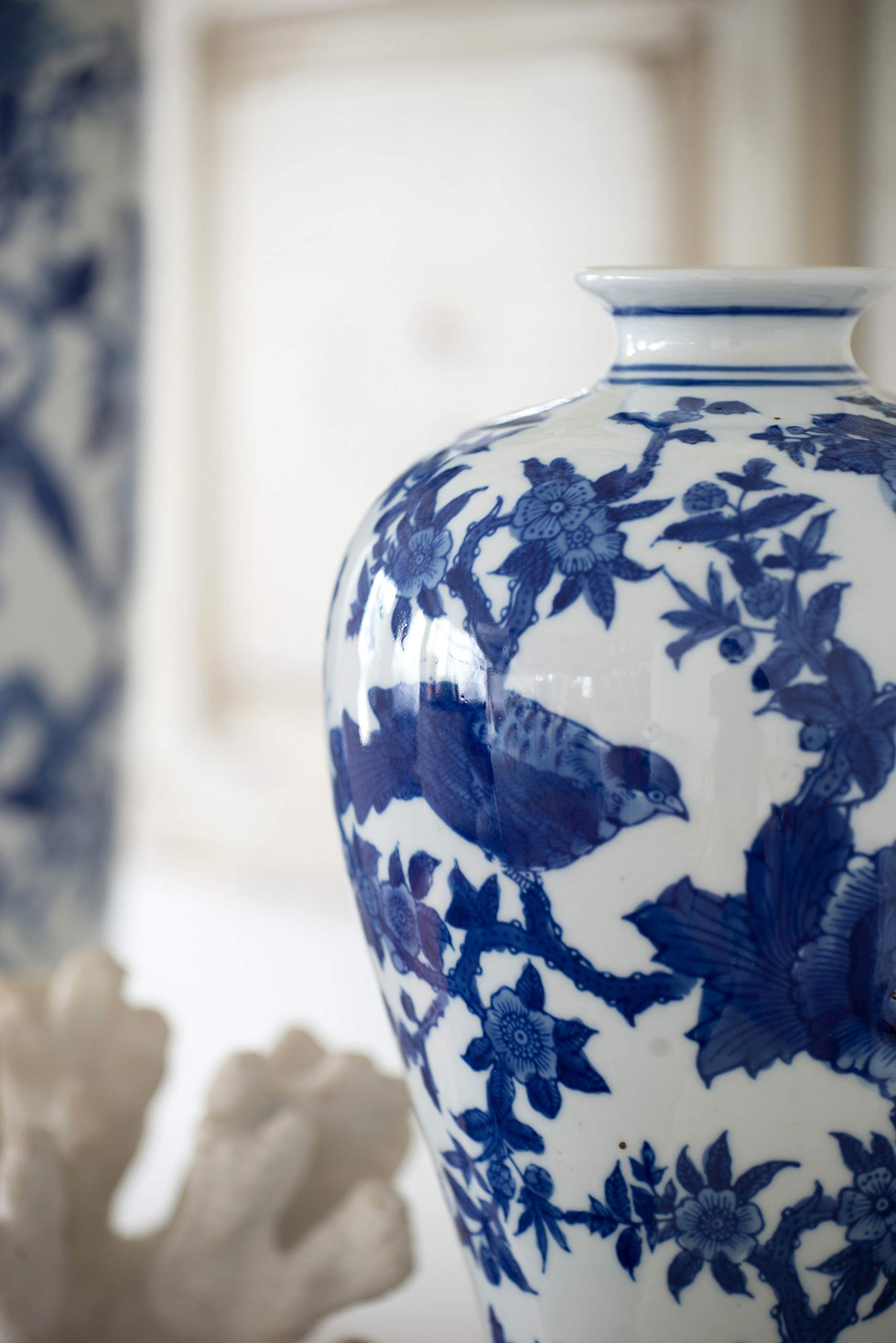 A&B Home 13'' Blue White Porcelain Jar Flower Planter Pot Home Decor Vase Hand Painted Floral Print Tall Vase Asian Decorations