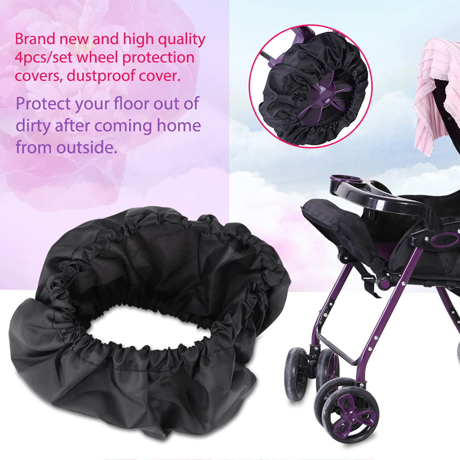 4Pcs Tire Covers for RV Wheel, Oxford Fabric for Child Kid Baby Stroller Jogger Wheels Covers Classic Accessories Black Dust Tire Cover, 4.7-6.3Inch (S)