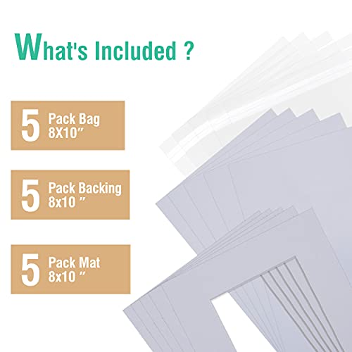 Acid-Free 5 Pack 8x10 Pre-Cut Mat Board Show Kit for 5x7 Photos, Prints or Artworks, 5 Core Bevel Cut Matts and 5 Backing Boards and 5 Crystal Plastic Bags, White