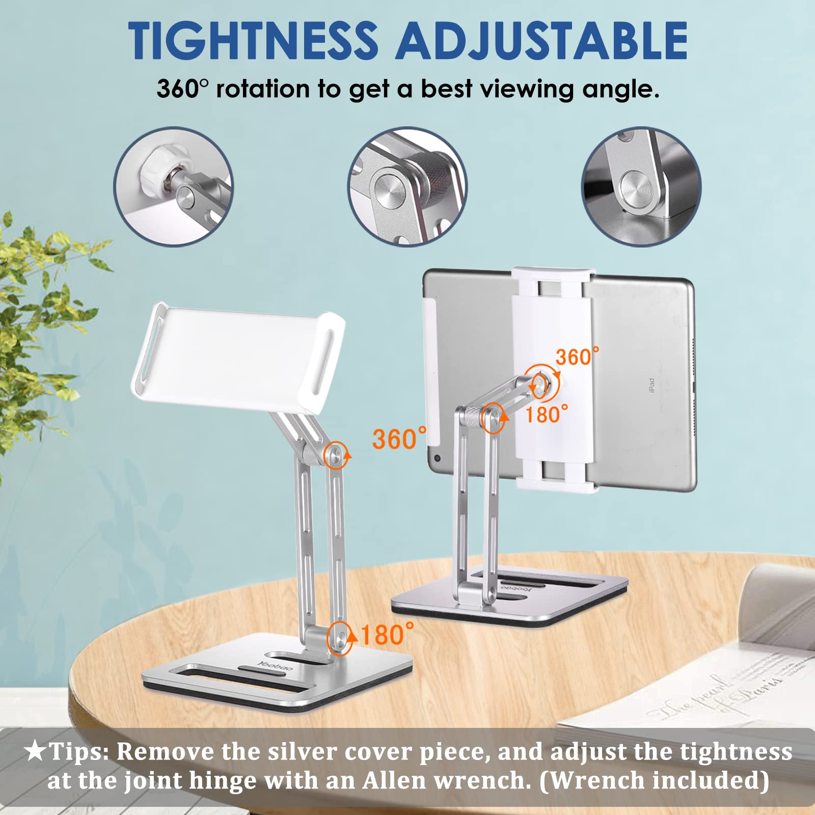 Yoobao Tablet Stand Holder, [Tightness Adjustable] 360° Swivel Foldable Aluminum iPad & Phone Stand for Desk with Heavier Base, Fit for 4.7"-12.9" Microsoft Surface Pro/iPad- Silver