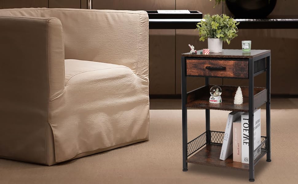 3 Tier End Table,Small Side Table with Storage Drawer,24.8 inch Tall Night Stand for Small Spaces, Brown Bedside Table,Side Table for Living Room,Bedroom,Office