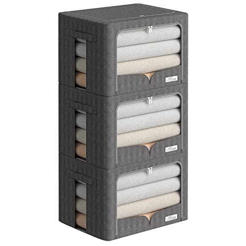 3 Pack Clothes Storage Organizer Bins - Foldable Metal Frame Storage Box Stackable Container Organizer Set with Carrying Handles and Clear Window (Large-66L-19.7x 15.7x 12.6 Inches, Dark Grey)