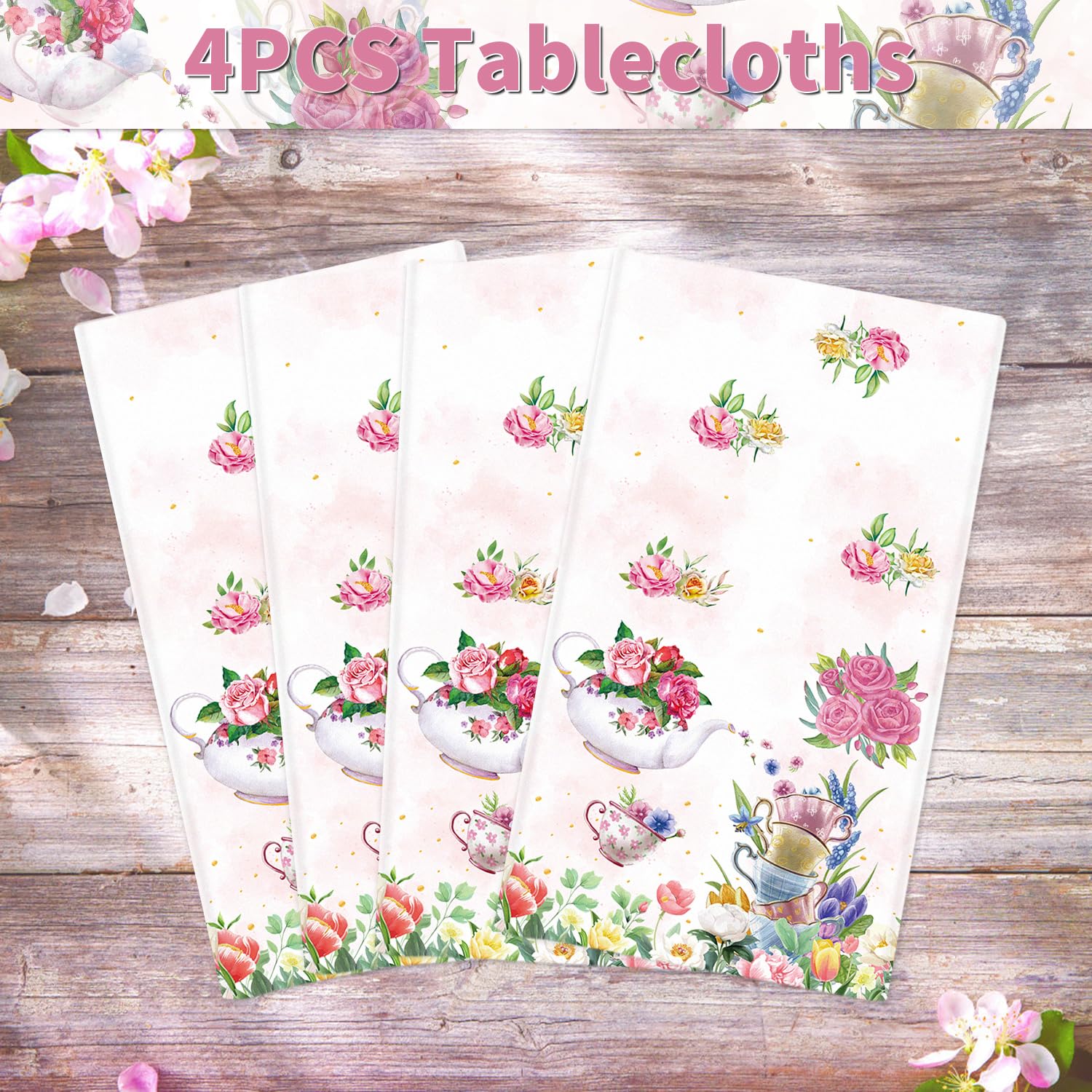 4 Pack Tea Party Decoration Floral Tea Party Tablecloth Tea Party Birthday Supplies 86β x 51β Rectangle Plastic Spring Disposable Floral tea party Table Cover Baby Shower Floral Birthday Decorations