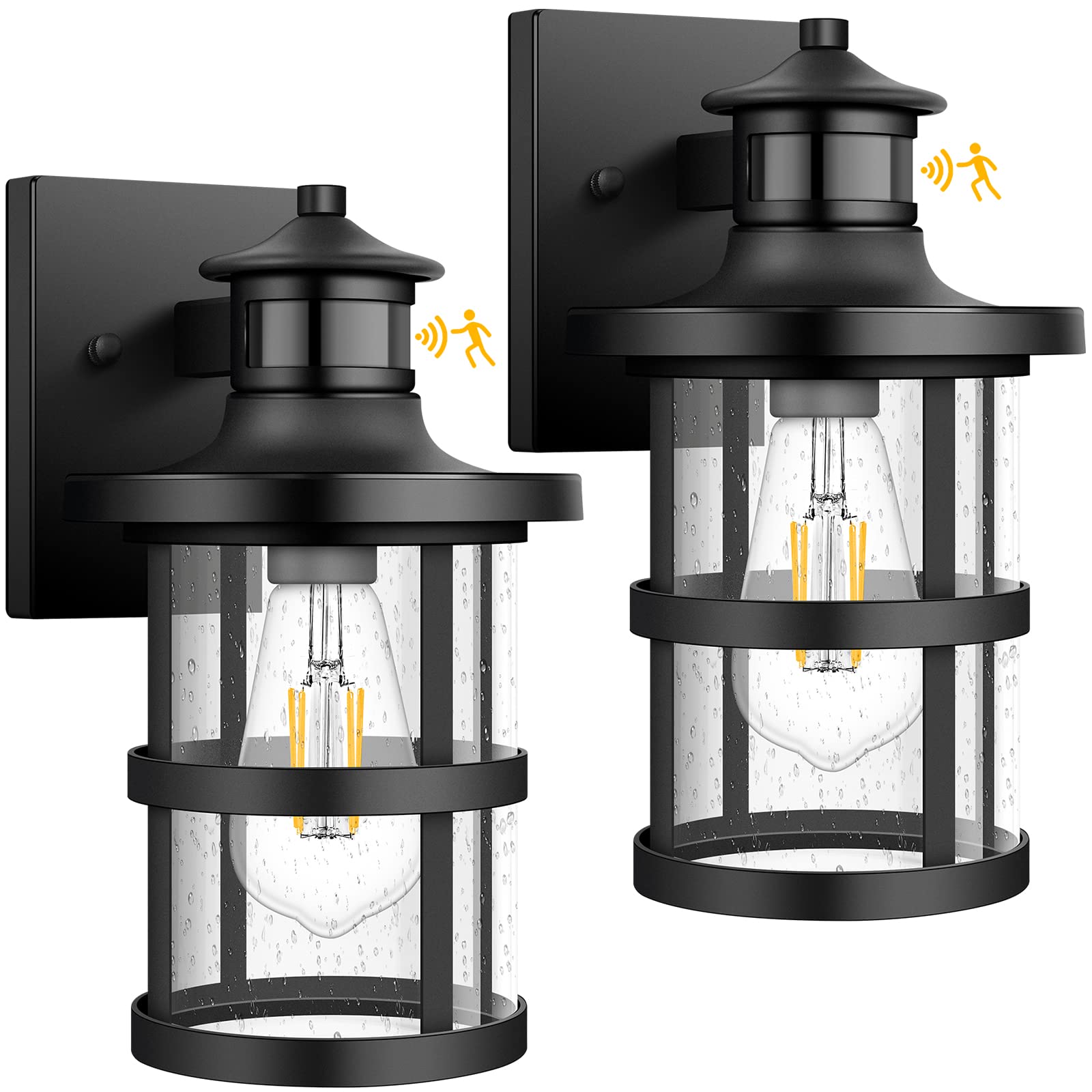 2-Pack Upgrade Outdoor Wall Lantern with Motion Sensor, Waterproof Dusk to Dawn Wall Sconce, Anti-Rust Porch Light Fixtures Wall Mount with Seeded Glass for Entryway Doorway Garage, Motion Activated