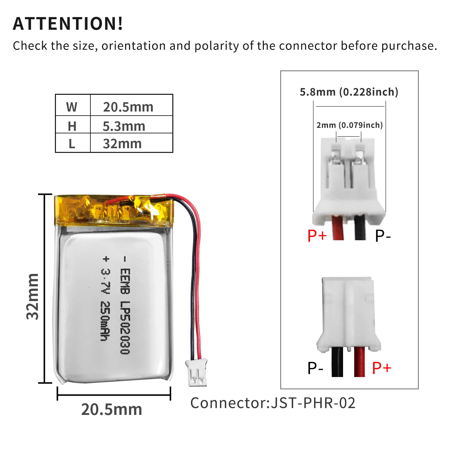 EEMB Lithium Polymer Battery 3.7V 250mAh 502030 Lipo Rechargeable Battery Pack with Wire JST 2.0mm Connector for VXI Blue Parrott- Confirm Device & Connector Polarity Before Purchase