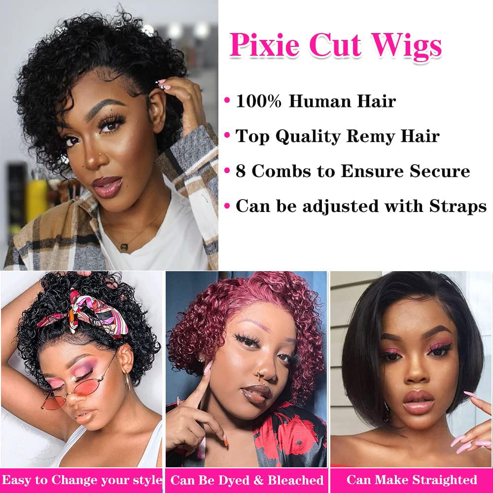 Short Curly Human Hair Wigs Pixie Cut Bob Glueless Wigs Front for Black Women with Baby Hair, 13x1 Lace 180% Density Pre Plucked HD