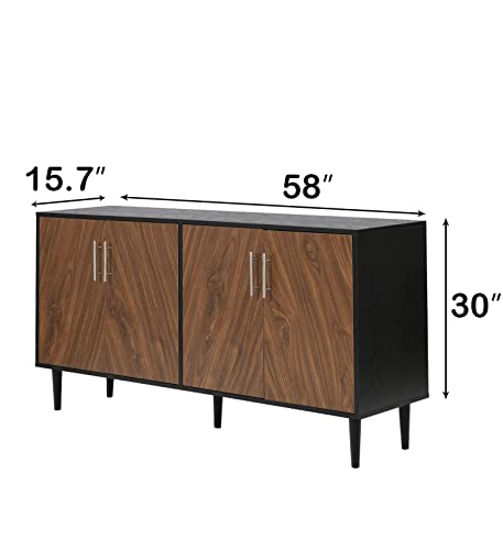 4 EVER WINNER Sideboards and Buffets with Storage, Buffet Cabinet with Storage, 4 Door Credenzas for Living Room Mid Century Modern Sideboard, 58 Inch Coffee Bar Cabinet for Dining Room Kitchen, Black