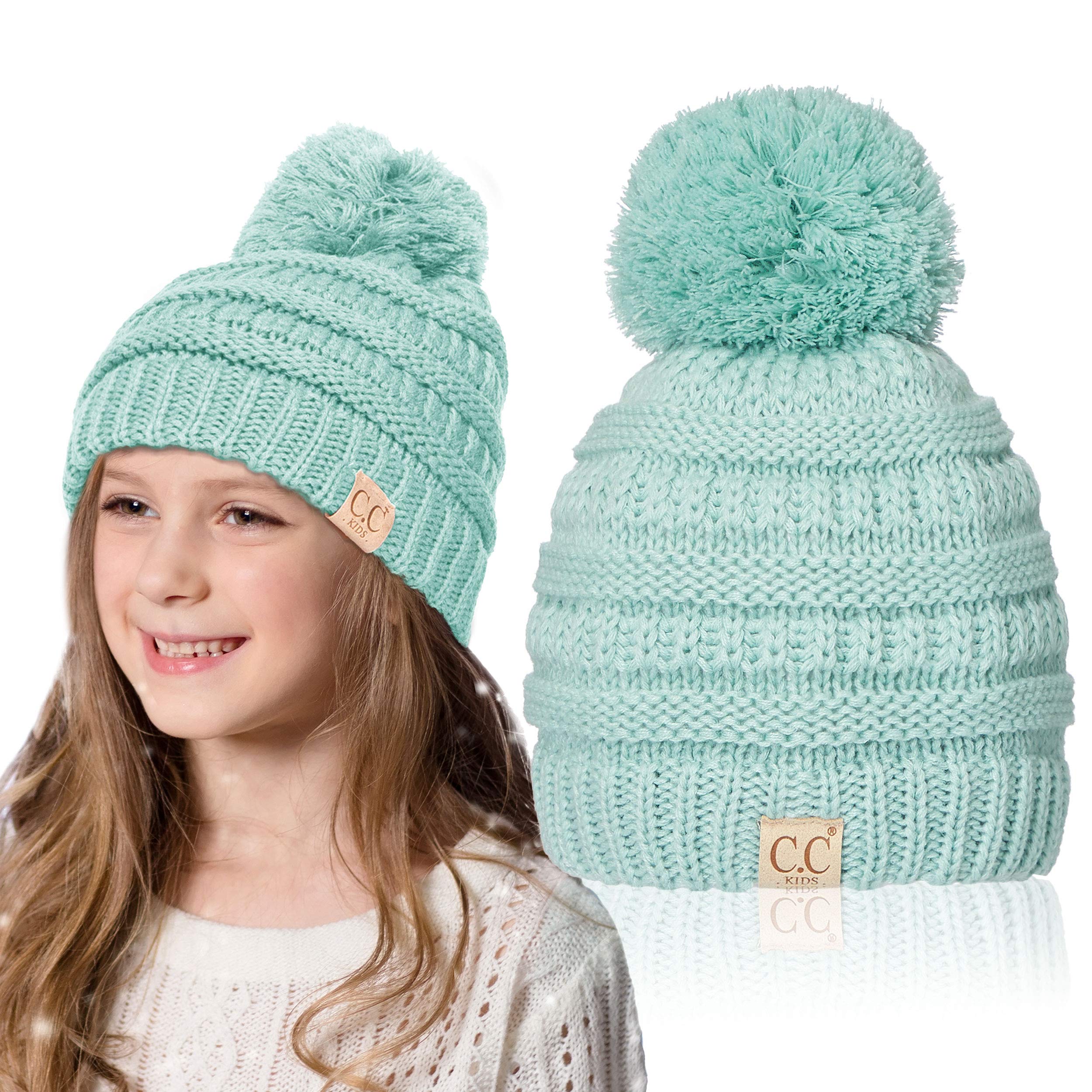 C.C Kids Beanie Ages 2-7 Warm Chunky Thick Stretchy Knit Slouch Beanie Skull Kids Hat with Pom (YJ-847-POM) (Mint)