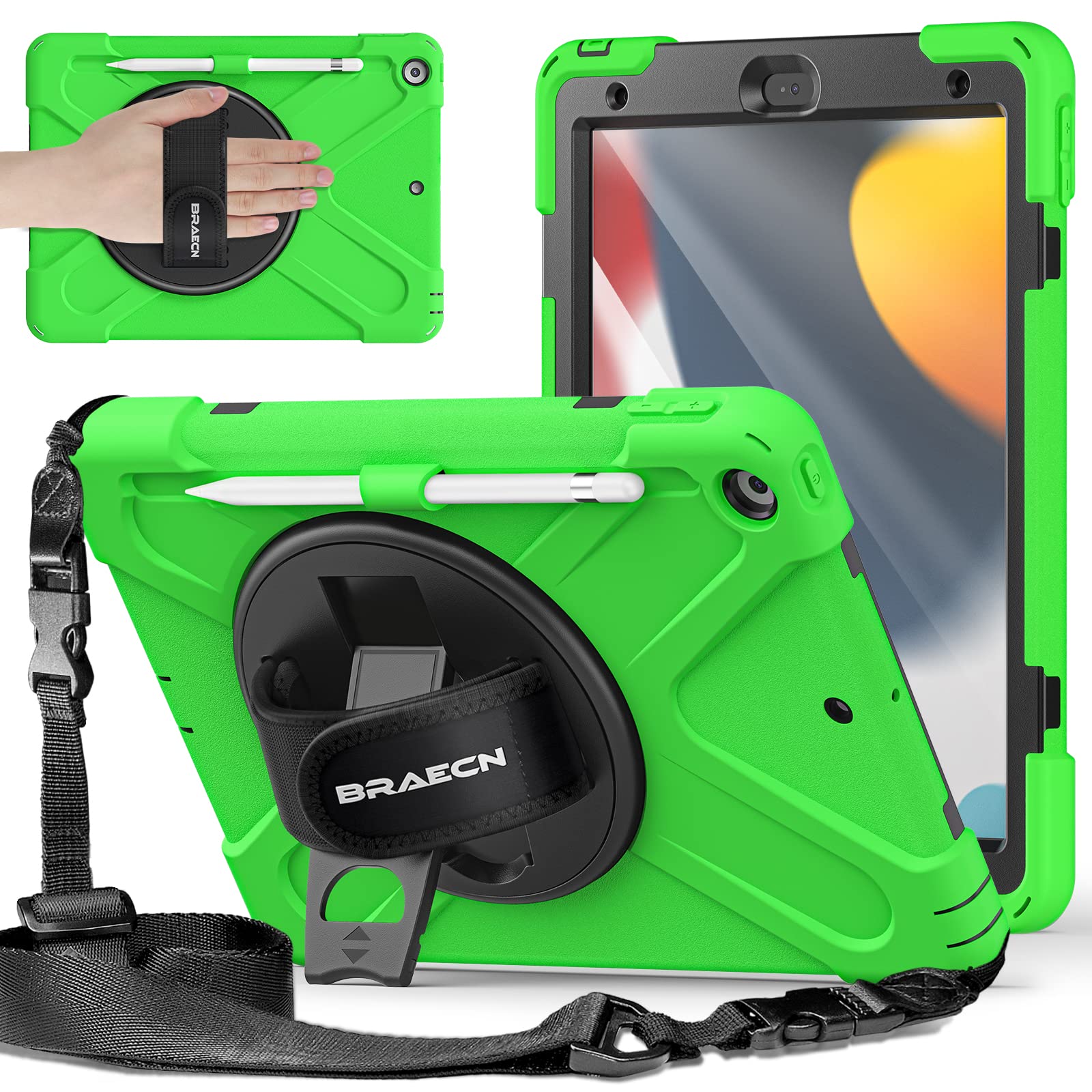 BRAECNstock for Apple iPad 9th 8th 7th Generation Case 2021 2020 2019 Shockproof iPad 10.2 Case Cover with Screen Protector Pen Holder Rotating Stand+Hand Strap Kids Case for iPad 9th 8th Gen - Green
