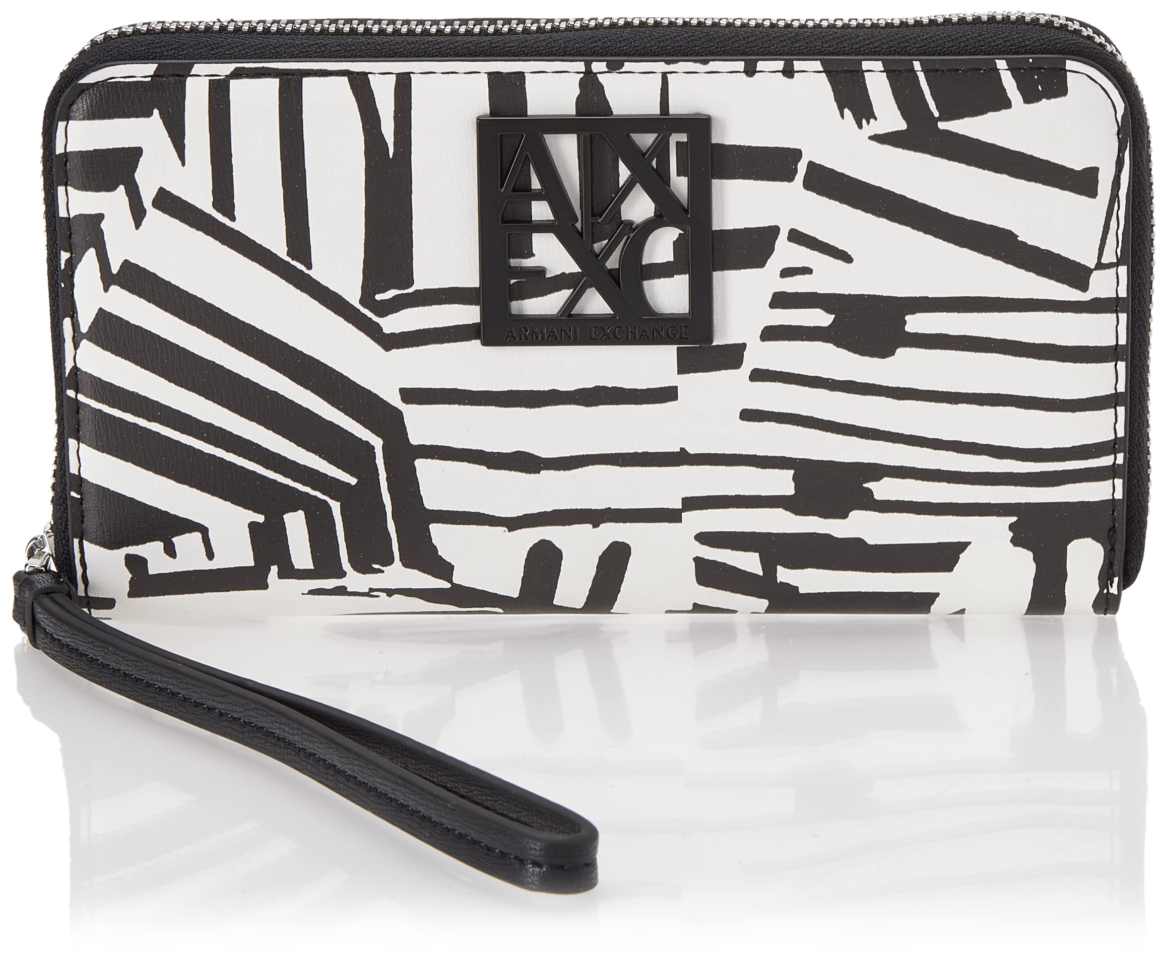 A|X Armani Exchange Women's Logo Zip Around Wallet Wristlet, White/Black, OS