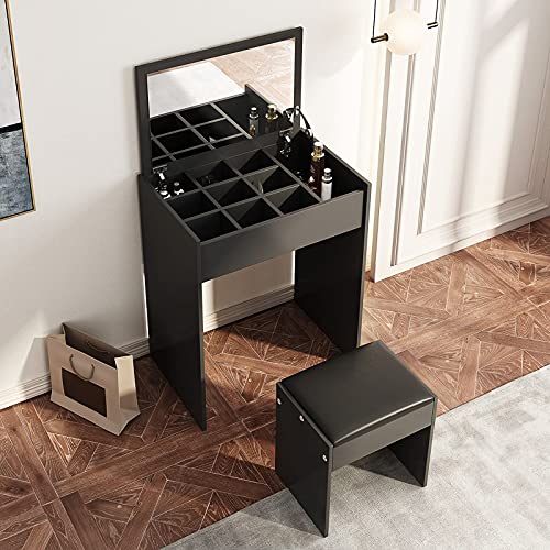 JAXPETY Vanity Makeup Table Set with Flip Top Mirror and Cushioned Stool, Makeup Dressing Table w/Organizers Jewelry Storage for Girls (Black)