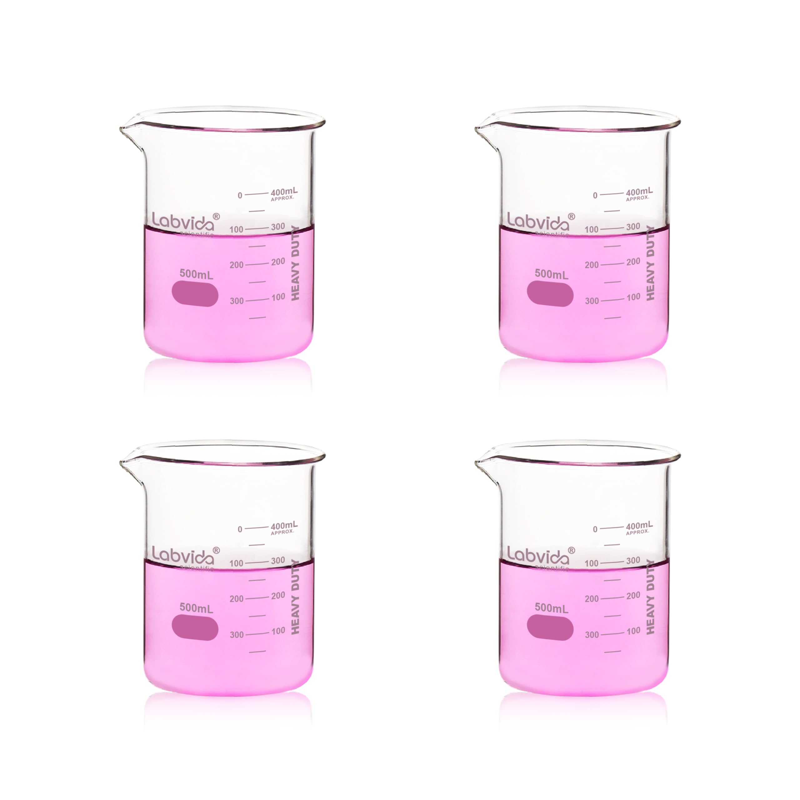 Labvida 4pcs 500ml Upgrated Thick Glass Beakers, Griffin Low Form Beaker Set with Double Scale, 3.3 Boro, LVA012