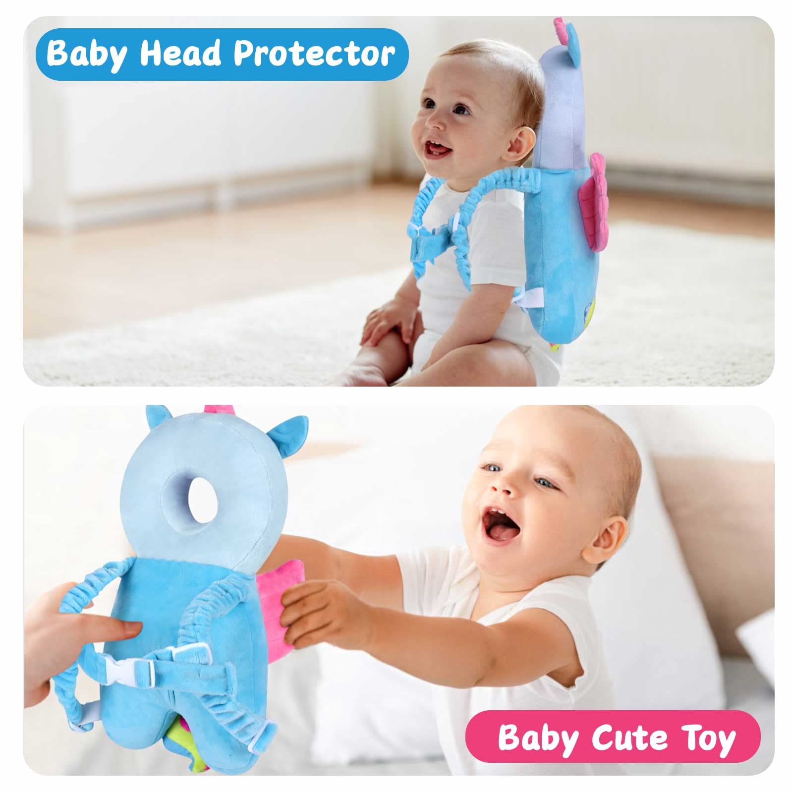 shuangjishan Baby Head Protector & Baby Knee Pads Crawling Adjustable Toddler Head Protection Cushion (Blue Unicorn)