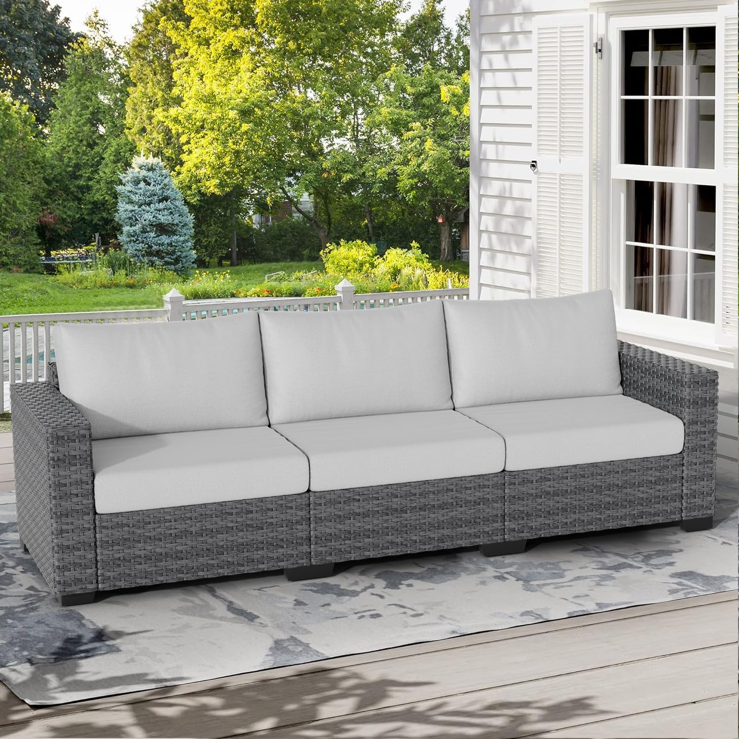 ABCASA Wicker Patio Sofa, 3 Seats Extra Large Outdoor Couch with Comfortable 4.72'' Thick Cushions,Deep Seat Patio Sofas Set for Porch, Deck, Backyard, Sunroom, Garden,Grey