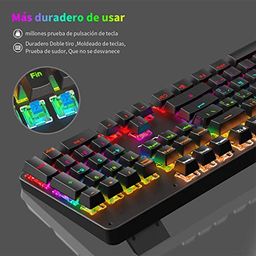eboxer-1 Gaming Keyboard, USB Wired Keyboard with RGB Rainbow Backlit, 104 Keys Spanish Keyboard with Ñ and Blue Switch, Mechanical Keyboard for Desktop Notebook