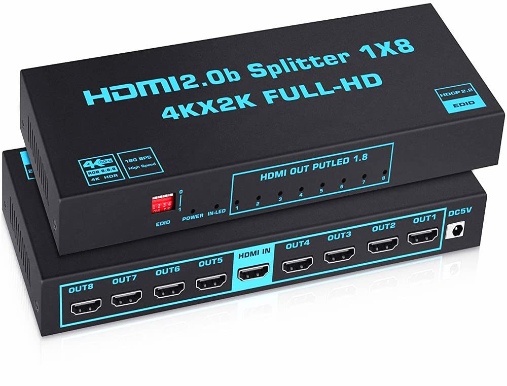 1x8 HDMI Splitter 8 Port 4K 60Hz 8:8:8 with EDID, HDMI 2.0b, HDCP 2.2, 18.5Gbps 3D Support for Fire Stick Xbox PS5 Roku