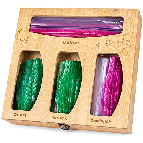 AKAT HOME Bamboo Ziplock Bag Storage Organizer & Baggie Dispenser for Kitchen Drawer β Wooden Zip Lock Container Holder Wall Gallon,Sandwich,Snack,Quart (Flip, Engraved, - M1)