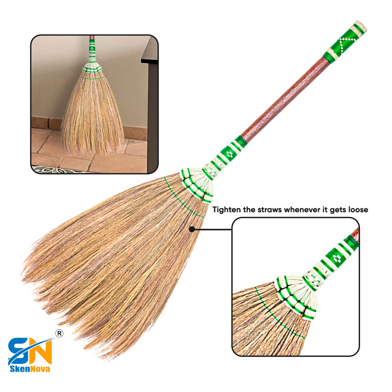 SN SKENNOVA - 28-29 inch Tall of Asian Straw Broom Thai Natural Grass Broom Whisk Broom Solid Wood Handle