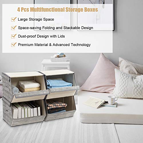 Giantex Storage Bins Set of 4 Stackable Cubes Fabric Baskets w/Lid, Side Handles, Magnetic Linen Container Boxes for Toys, Clothes, Files Foldable Closet Organize Bags 15βx14βx10β (Gray)