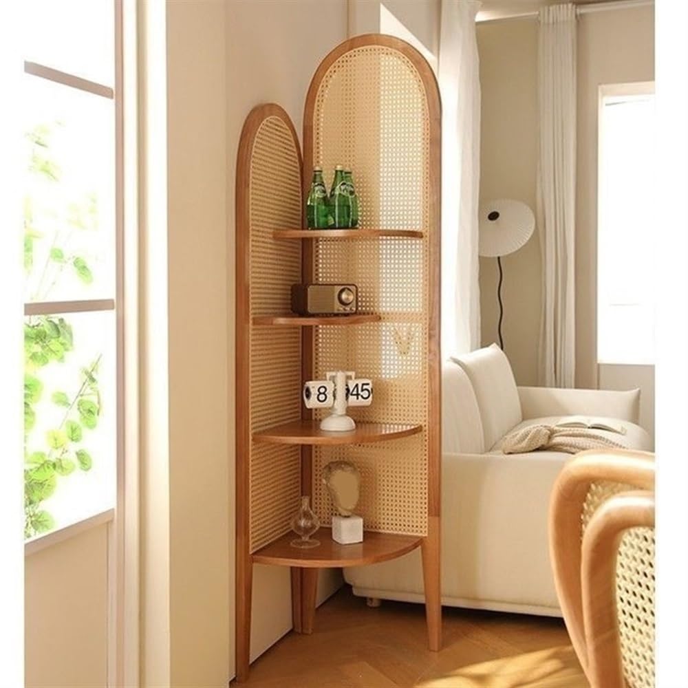 4-Tier Rattan Bookshelf, Free Standing Corner Storage Cabinet, Triangular Rattan Shelf, Corner Wall Shelf with Solid Wood Frame for Living Room, Bedroom, Office(Orange)