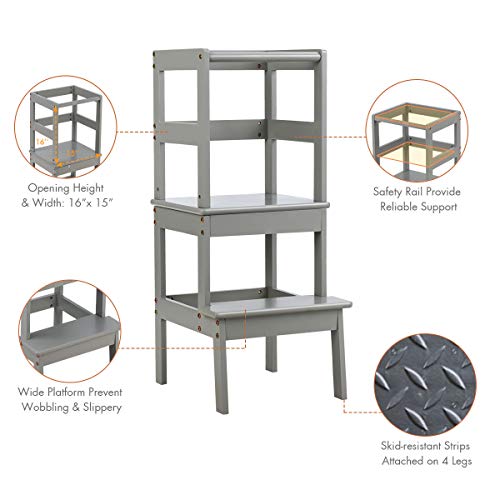 Costzon Kids Kitchen Step Stool with Safety Rail, Wood Standing Tower Learning Stool with Anti-Slip Strips for Children, Toddlers Kitchen Counter Helper Stool for Bathroom