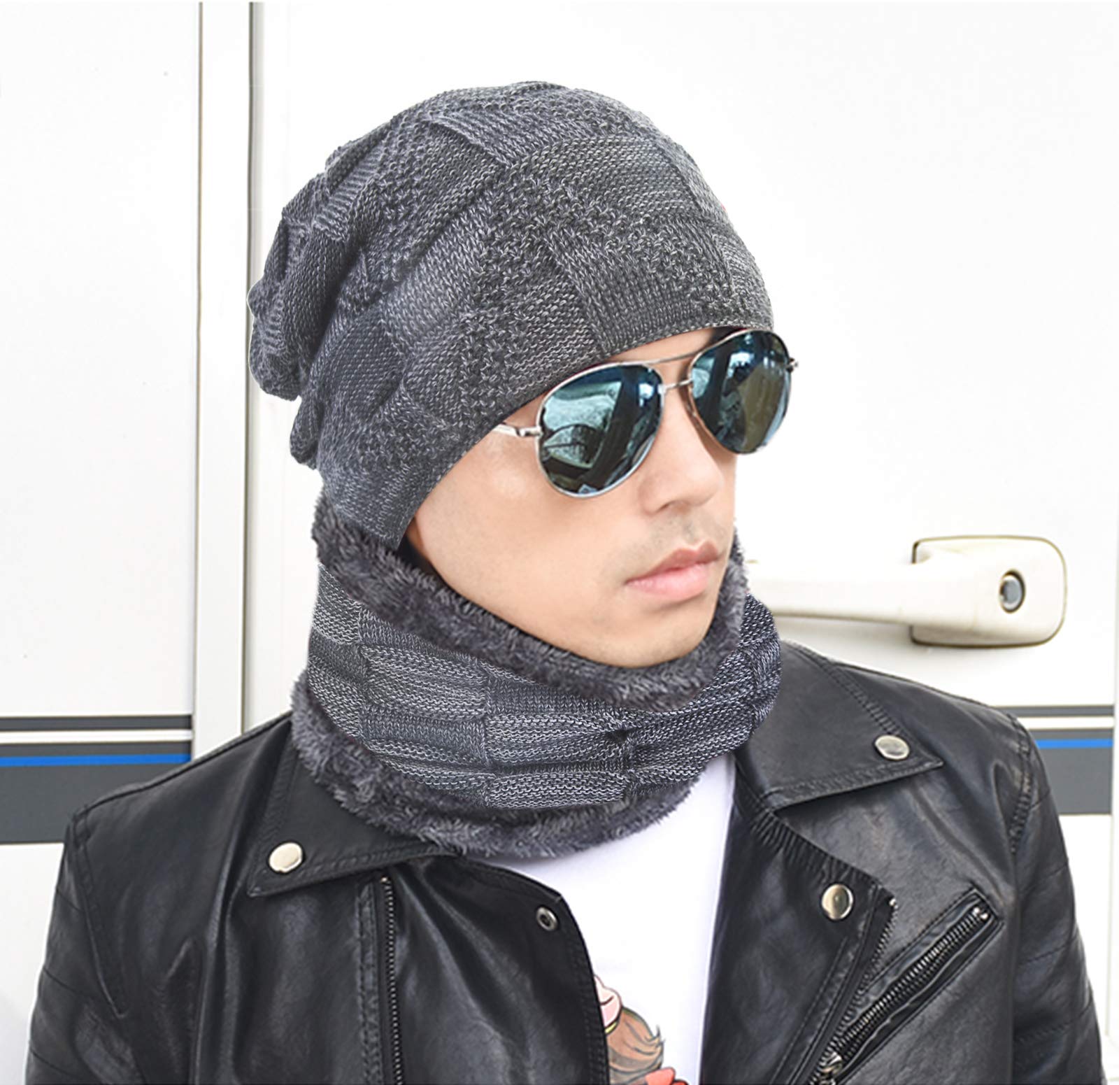 2 Pieces Winter Beanie Hat Scarf Set Thick Warm Knit Fleece Lined Skull Cap Scarves Gifts for Men,Y-Gray