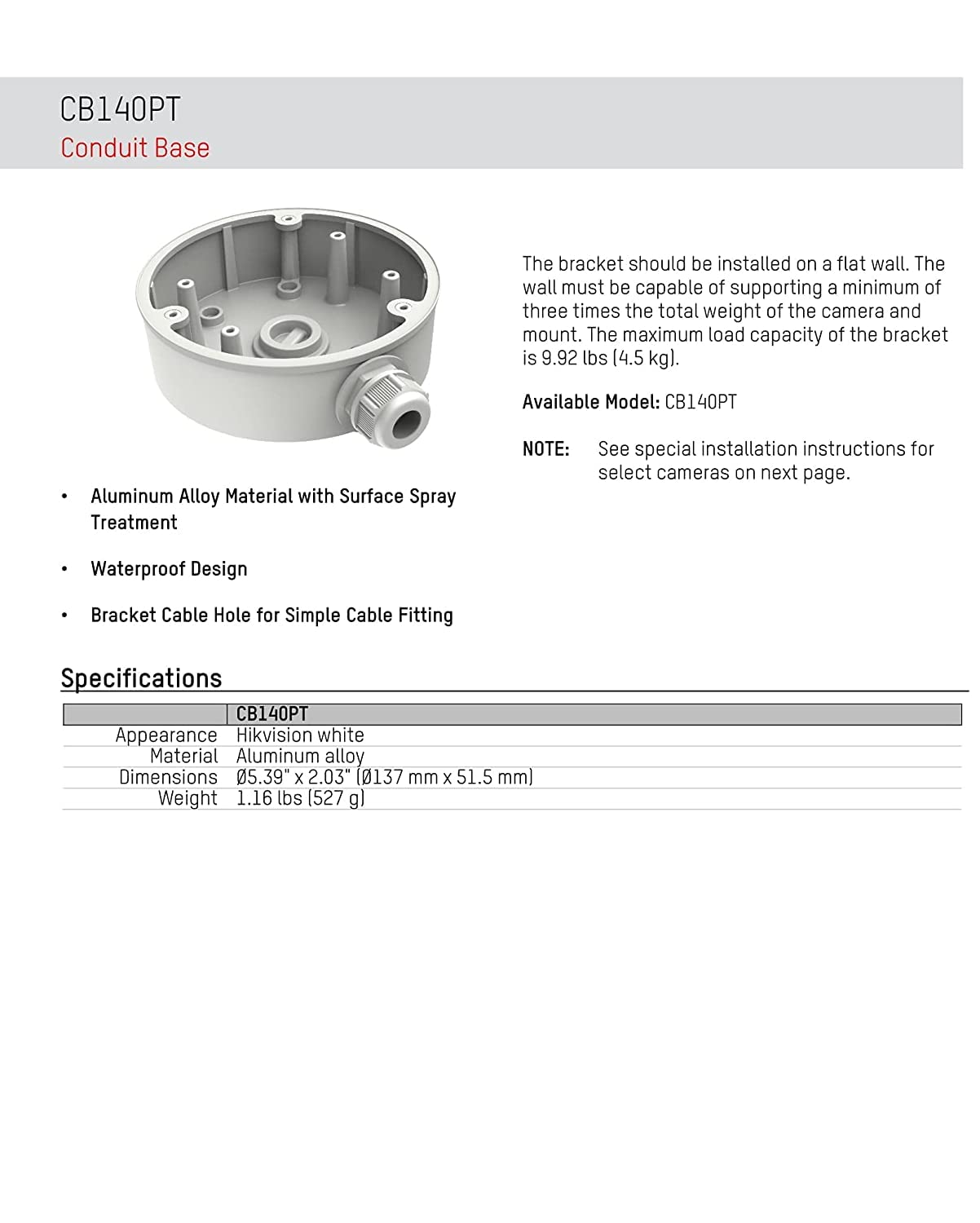 CB140PT LTB701 DS-1280ZJ-DM21 Wall Mount Bracket for DS-2CD2358G1-I, DS-2CD2347G1-LU, DS-2CD2347G2-LU and DS-2CD2387G2-LU