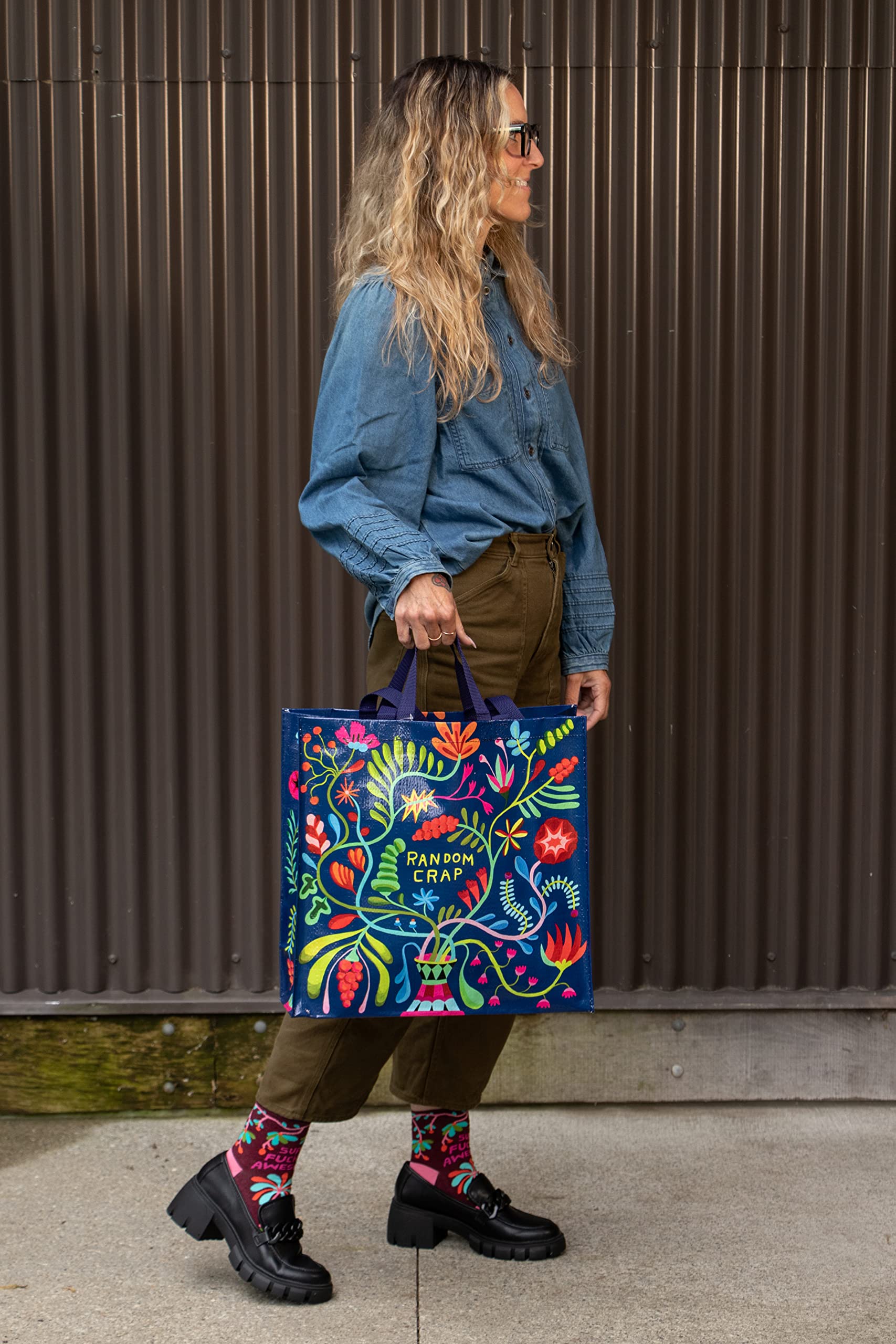 Blue Q Shoppers, Reusable Grocery Bag, Sturdy, Easy-to-Clean, 15" h x 16" w x 6" d, made from strong 95% recycled material (Random Crap)