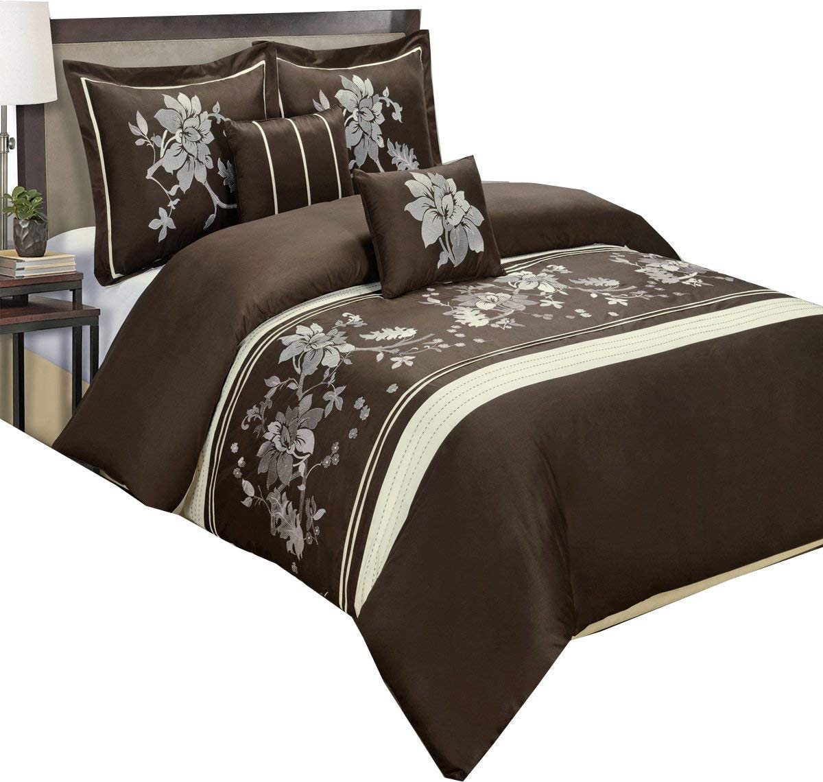 5PC Myra King/Cal-King Embroidered Duvet Cover Set, Chocolate, by Royal Hotel