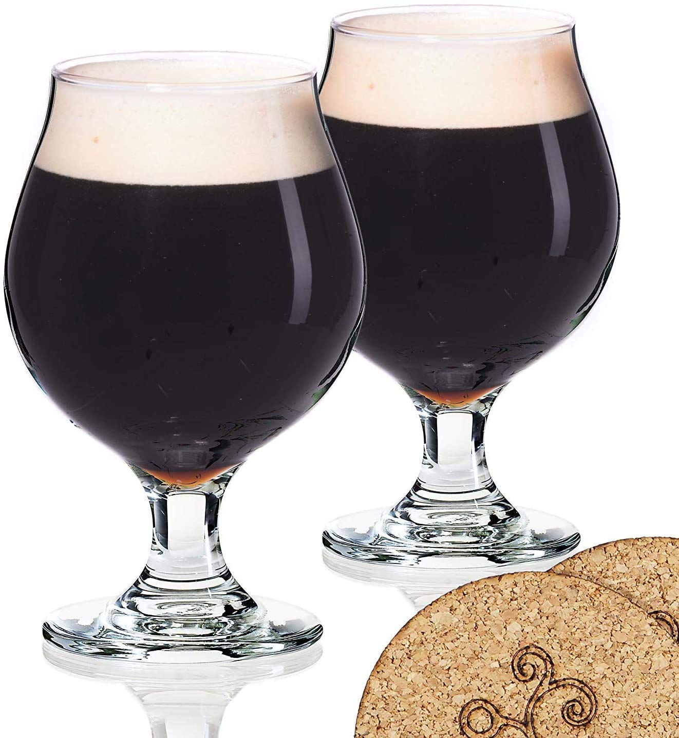 2 Beer Glasses Belgian Style Stemmed Tulip - 16 oz Lambic Ale Dark Beer Glass - set of 2 w/coasters - Classic Premium Glassware - Birthday Housewarming Bachelor party gift for men idea