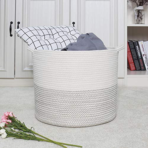 Cotton Rope Basket, 15.7 x 13.8inch Laundry Blanket Storage Basket with Easy-Carry Handles, Baby Nursery Bin for Home Décor and Organizing