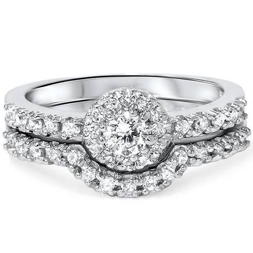 1ct Halo Diamond Engagement Wedding Ring Set 10K White Gold - Size 7.5